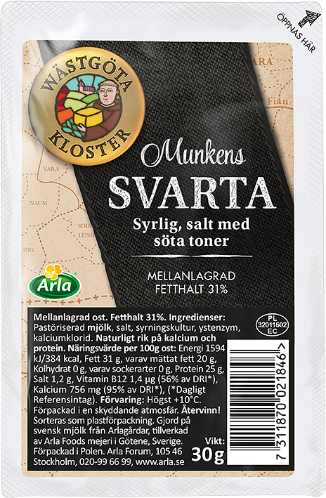 Wästgöta Kloster® Munkens Svarta skivad ost portion 30 g | Arla